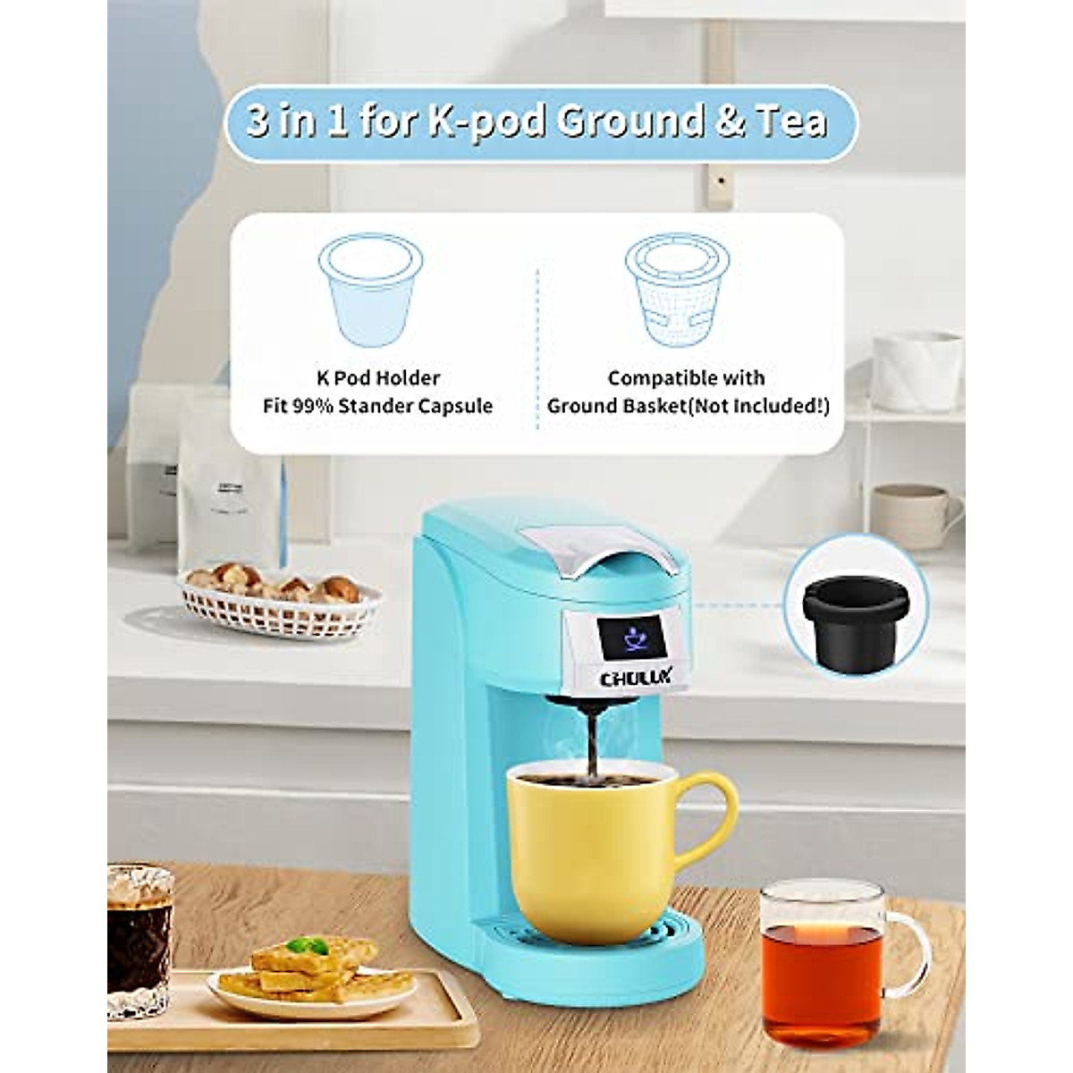 CHULUX Upgrade Single Serve Coffee Maker for K CUP, Mini Coffee Maker Single Cup 5-12oz Coffee Brewer, 3 in 1 Coffee Machine for K Cups Pod Capsule Ground Coffee Tea, One Touch Fast Brewing in Minutes