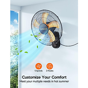 VAGKRI Wall Mount Fan, 16 Inch Wall Fan with 5 Blades, 5 Speeds, 8 Hour Timer, 90° Oscillating Quiet Fan with Remote for Home Office Bedroom Living Room Garage