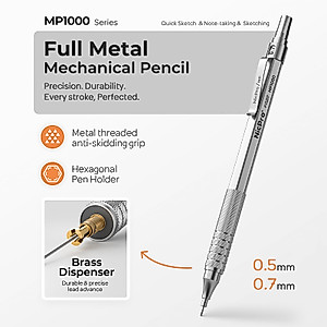 Nicpro 2 PCS Mechanical Pencils 0.5mm & 0.7 mm with Case, Metal Artist Pencil Set with 4 Tubes HB Lead Refills, 2 Erasers, 9 Eraser Refills For Art Writing Drafting, Drawing, Sketch, Silver
