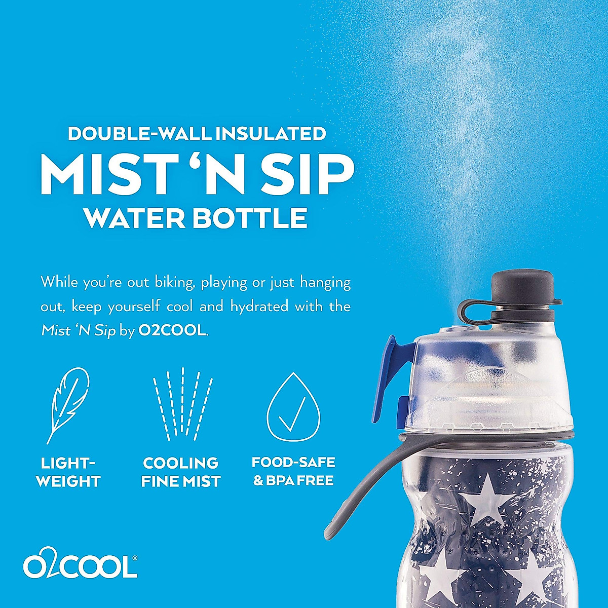 O2COOL Mist 'N Sip Misting Water Bottle 2-in-1 Mist And Sip Function With No Leak Pull Top Spout Reusable Sports Water Bottle - 20 oz (Patriot)