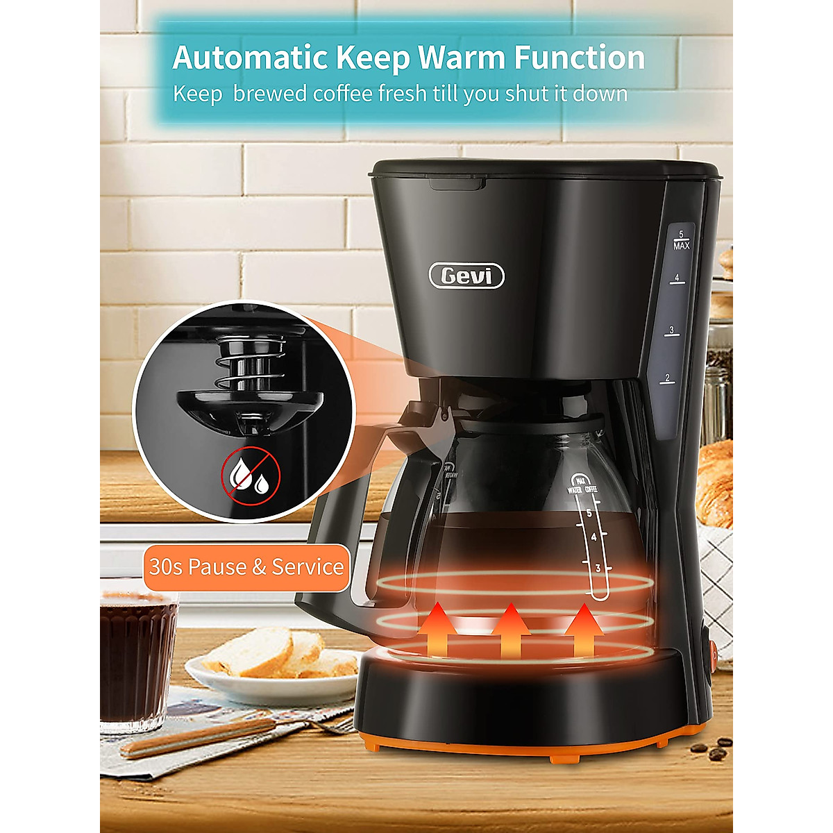 Gevi 5 Cups Small Coffee Maker, Compact Coffee Machine with Reusable Filter, Warming Plate and Coffee Pot for Home and Office