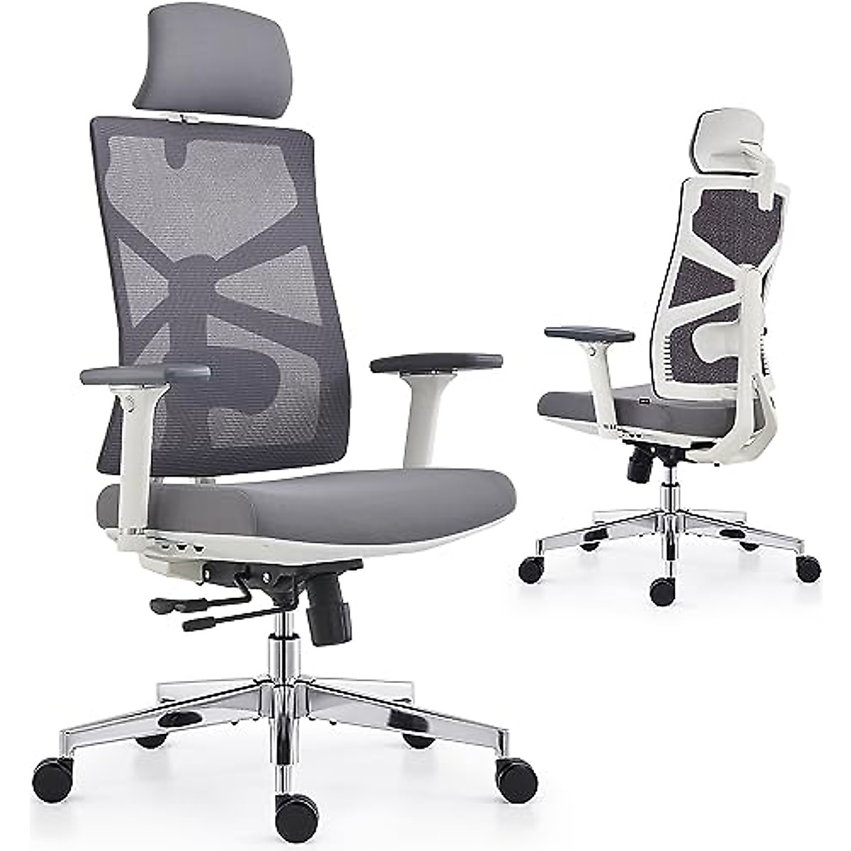 HOLLUDLE Ergonomic Office Chair with Adaptive Backrest, High Back Computer Desk Chair with 4D Armrests, Adjustable Seat Depth, Lumbar Support and 2D Headrest, Swivel Task Chair, White