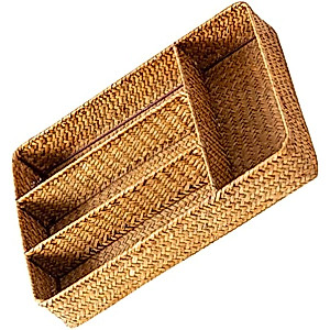 Rosarivae Rattan Silverware Tray Kitchen Drawer Organizer Cutlery Storage Basket Compartment Forks Spoon Wicker Storage Tray Rattan Flatware Tray for Home Latware and Kitchen Utensils