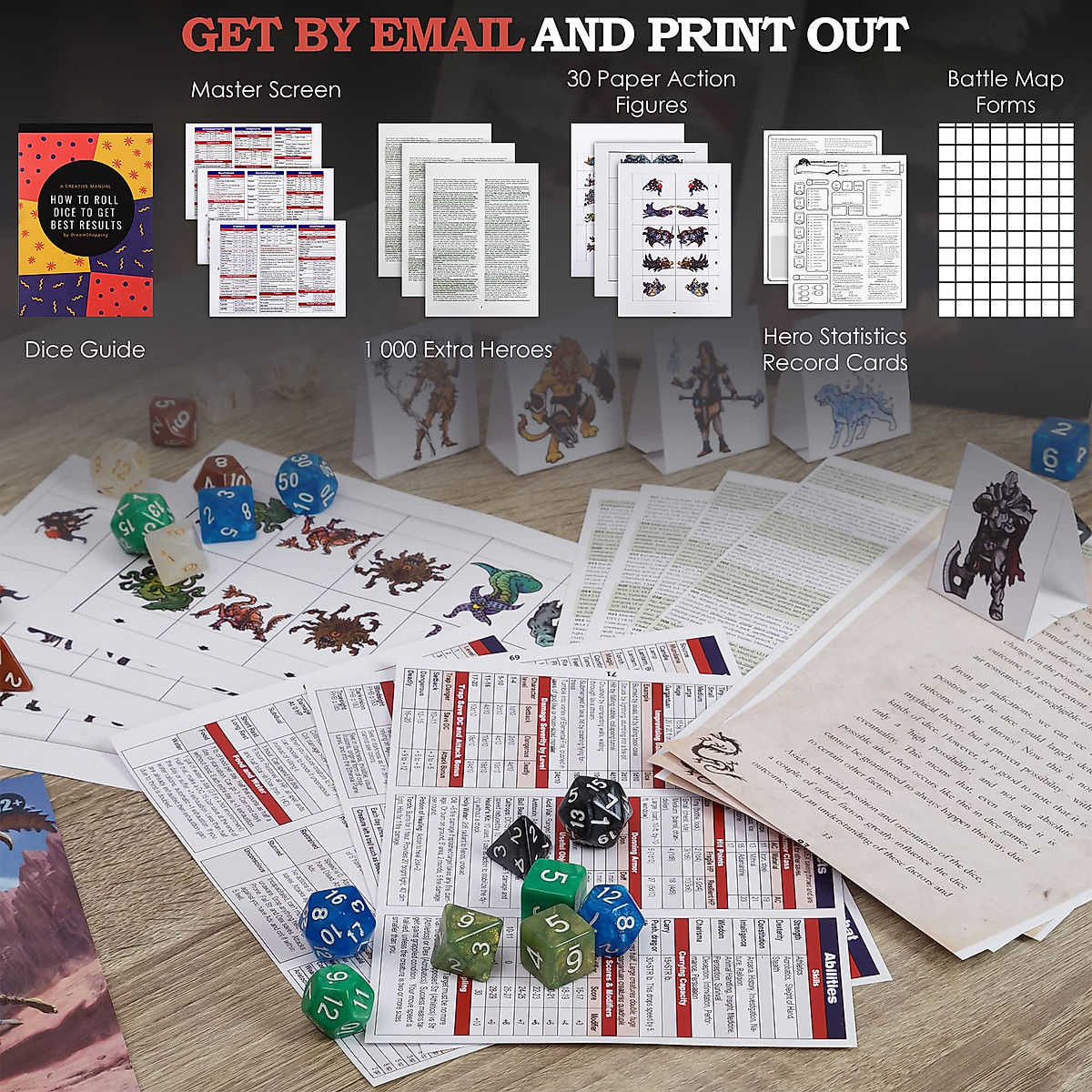 Dungeons and Dragons Essentials Kit - Starter Set Extra 6 Dice Sets, Flannel Bags, Master Screen, Figures, New Heroes, Dice Guide, Statistic Sheets - DND 5th Edition Rolling Board Game