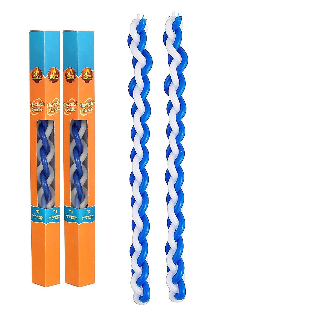 Ner Mitzvah Braided Havdalah Candle - 2-Pack - Blue and White Paraffin Wax - Handcrafted Havdallah Candle - Shabbat Judaica Gift