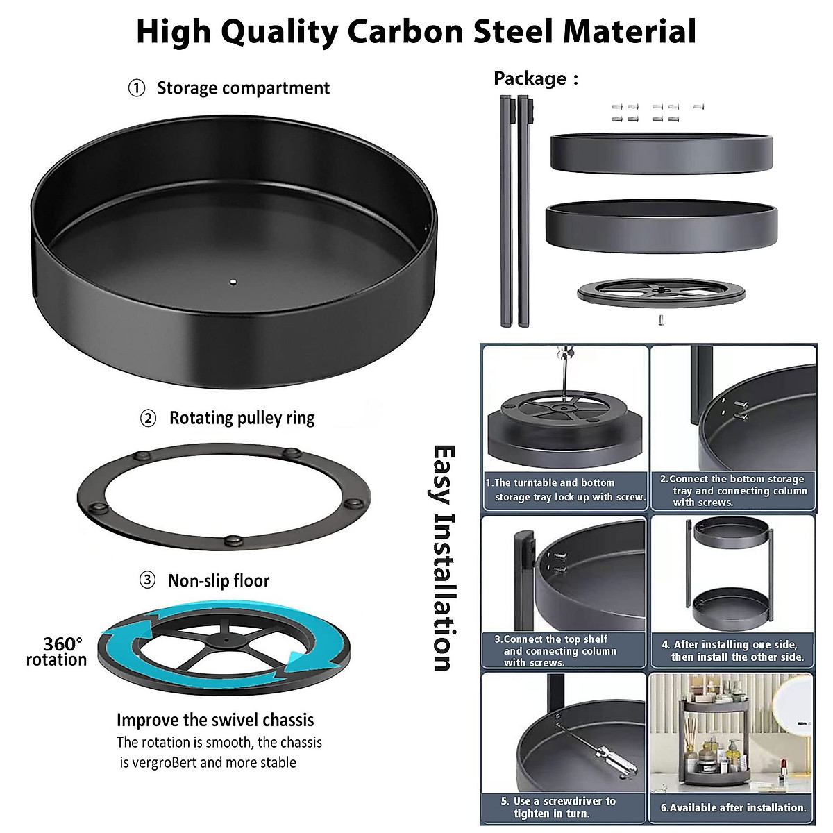 Kibuhain Lazy Susans Organizer Round Turntable Spice Rack, 10Inch Dia Non-Skid Cabinet Organizer, 360° Rotating Spice Jars Organizer & Holder for Kitchen, Bathroom, Living Room