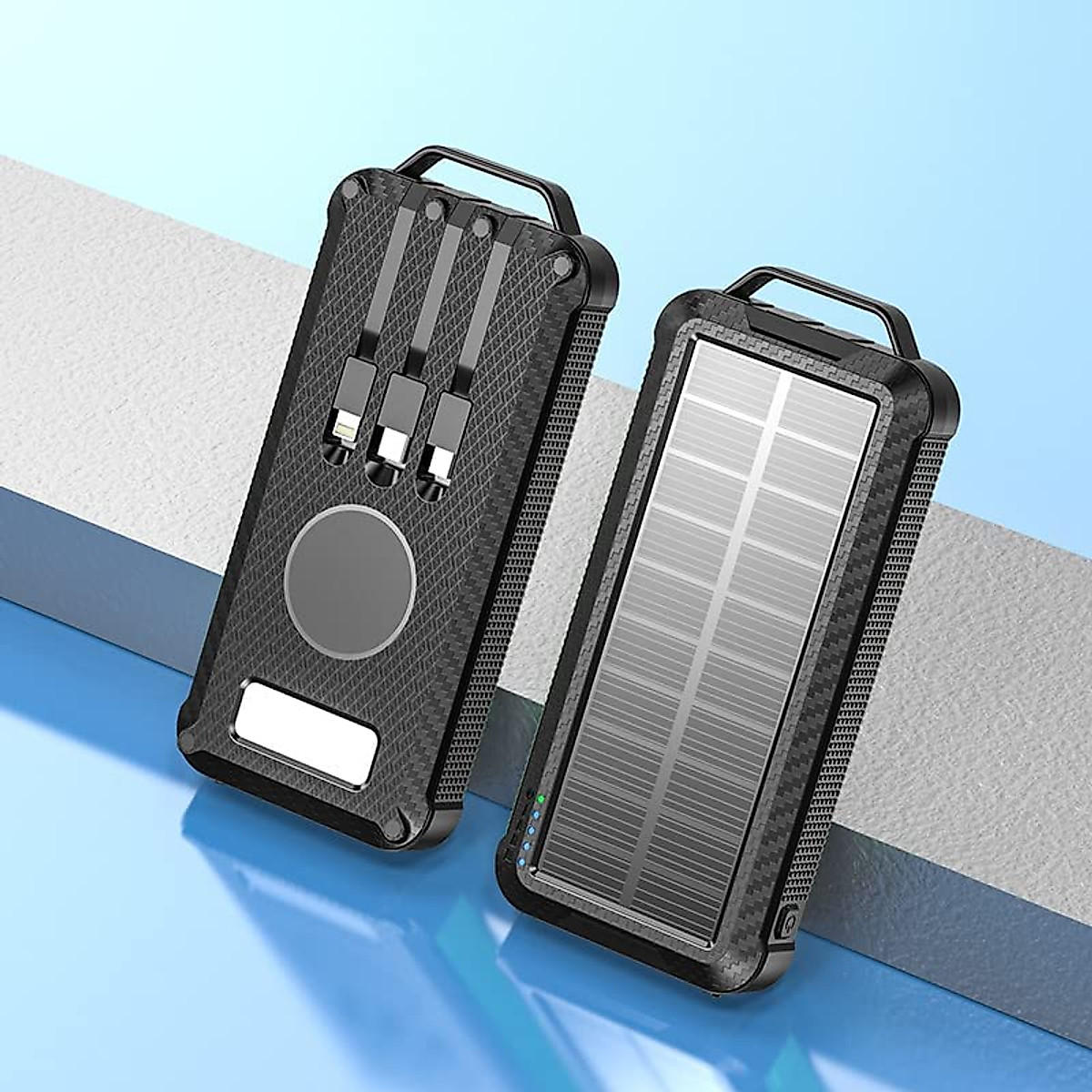 MauveStone Solar Power Bank - Portable Charger with LED Flashlight - Wireless Charging Enabled, with Built-In USB-C, Micro-USB & Cable Compatible with Apple & Android Phones - Waterproof