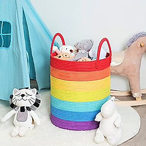 MINTWOOD Design Large Decorative Woven Cotton Rope Basket, Tall Laundry Basket Hamper, Blanket Basket for Living Room, Storage Baskets for Toys, Towel, Throw, Pillow, 60L Rainbow
