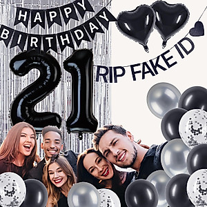 21st Birthday Decorations, Happy 21st Birthday Decorations with Happy Birthday Banner, Sliver Foil Curtains, RIP FAKE ID 21 Balloons Kit, Black Cake Topper, 21st Birthday Decorations for Him