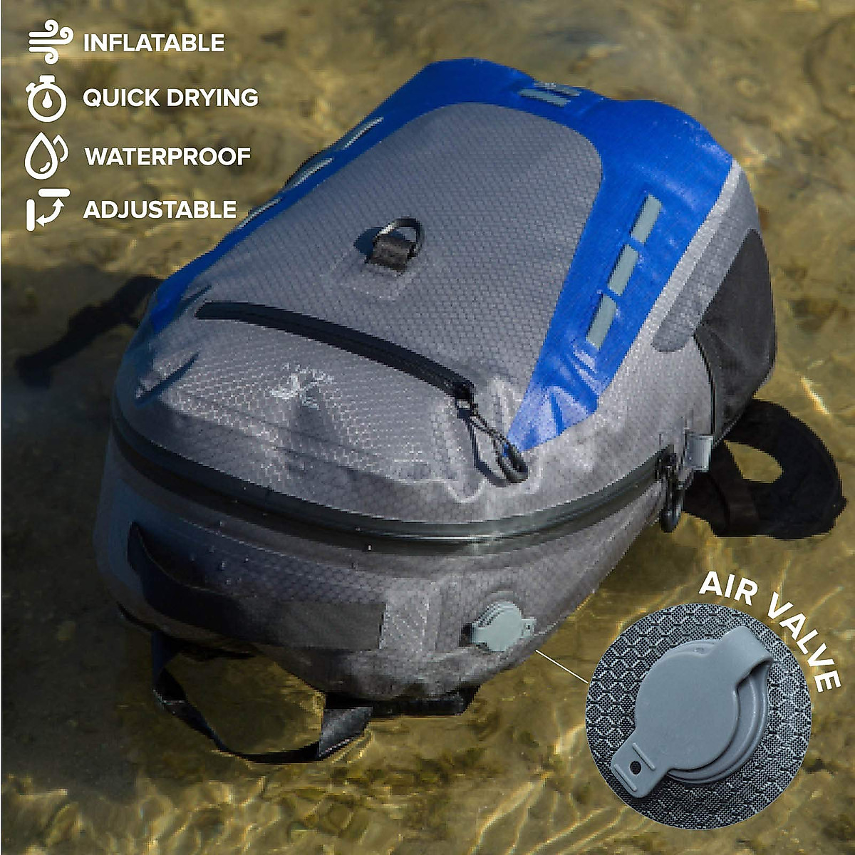 Xelfly Submersipack Waterproof Backpack - Submersible, Inflatable, Floating TPU Coated Durable Nylon Dry Bag with Airtight Zipper for Kayak, Fishing, Boating, Hiking, Paddle Board (Deep Blue, 25L)