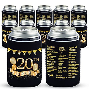 Yangmics 20th Birthday Can Cooler Sleeves Pack of 12-20th Anniversary Decorations- 2003 Sign - 20th Birthday Party Supplies - Black and Gold the twenty Birthday Cup Coolers