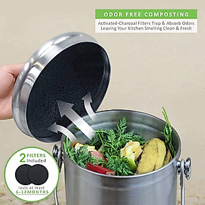 Abakoo 1.8 Gallon Compost Bin 304 Stainless Steel Kitchen Composter Waste Pail Indoor Countertop Kitchen Recycling Bin Pail - Includes 2 Filters