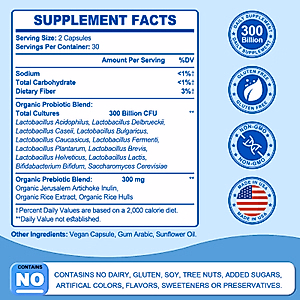 Linkvibe Probiotic 300 Billion CFU - 12 Strains with Organic Prebiotics for Digestive & Gut, Immune, Bloating Health - Probiotics for Women and Men - Daily Dairy Free, Shelf Stable - 60 Counts