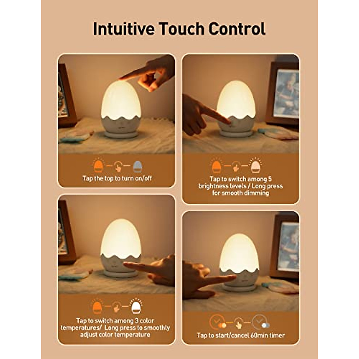 sympa Night Light for Kids, Baby Night Light with 1 Hour Timer & Touch Control, Rechargeable Night Light with 5 Brightness 3 Color Temperature, Touch Lamp Hanging Ring & Memory Function, White