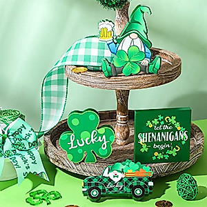 4 Pieces St. Patrick's Day Table Decor Wooden Sign Lucky Shamrock Table Sign Green Gnome Truck Table Centerpiece Freestanding Clover Letter Sign Table Decoration for Irish Holiday Party Decor