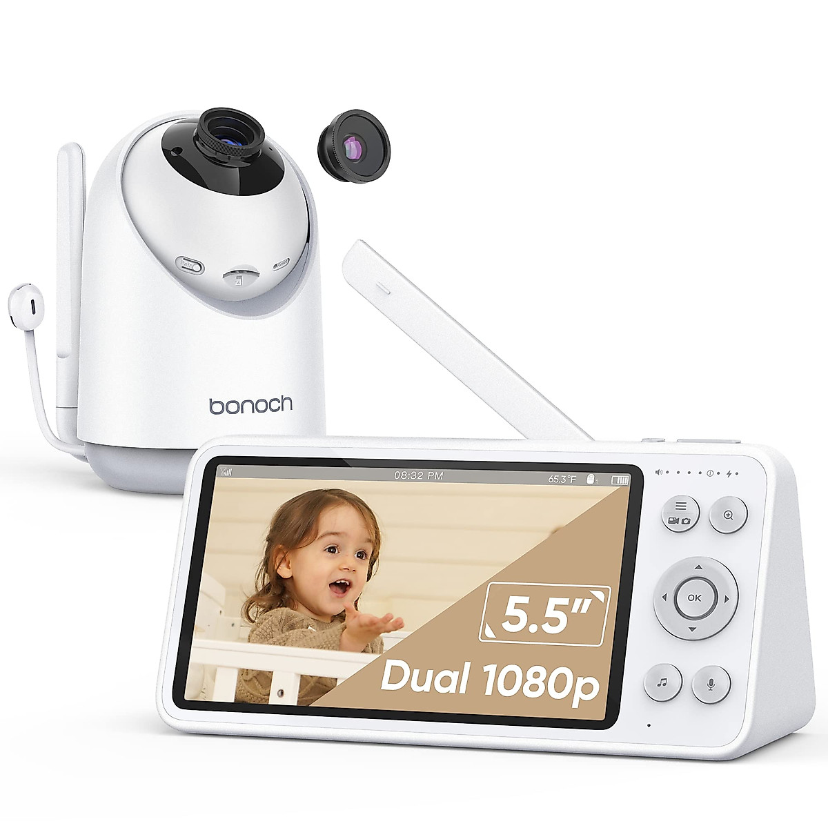 bonoch Video Baby Monitor No WiFi, Local Storage+Playback, 1080p HD Camera&Display, Baby Monitor with Camera and Audio, 7800mAh, 1800ft Range, Motion&Sound Detection, Hack-Proof, Additional 110° Lens