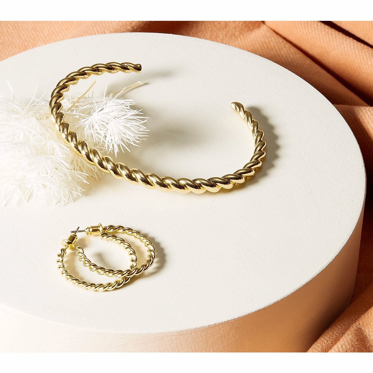 PAVOI 14K Yellow Gold Plated Twisted Chunky Bangle Bracelet | 14K Gold Plated | Lightweight Everyday Jewelry (6.5, Yellow Gold)