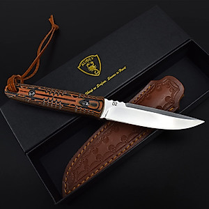 AUBEY Fixed Blade Hunting Knife, 4.52 inch D2 Steel Blade Survival Knife with Leather Sheath Wood Handle, Full Tang Camping Knife for Men Women