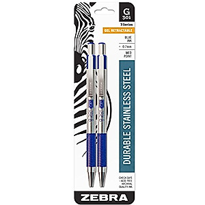Zebra Pen G-301 Stainless Steel Retractable Gel Pen, Medium Point, 0.7mm, Blue Ink, 2-Count, 2 Pack (41322)