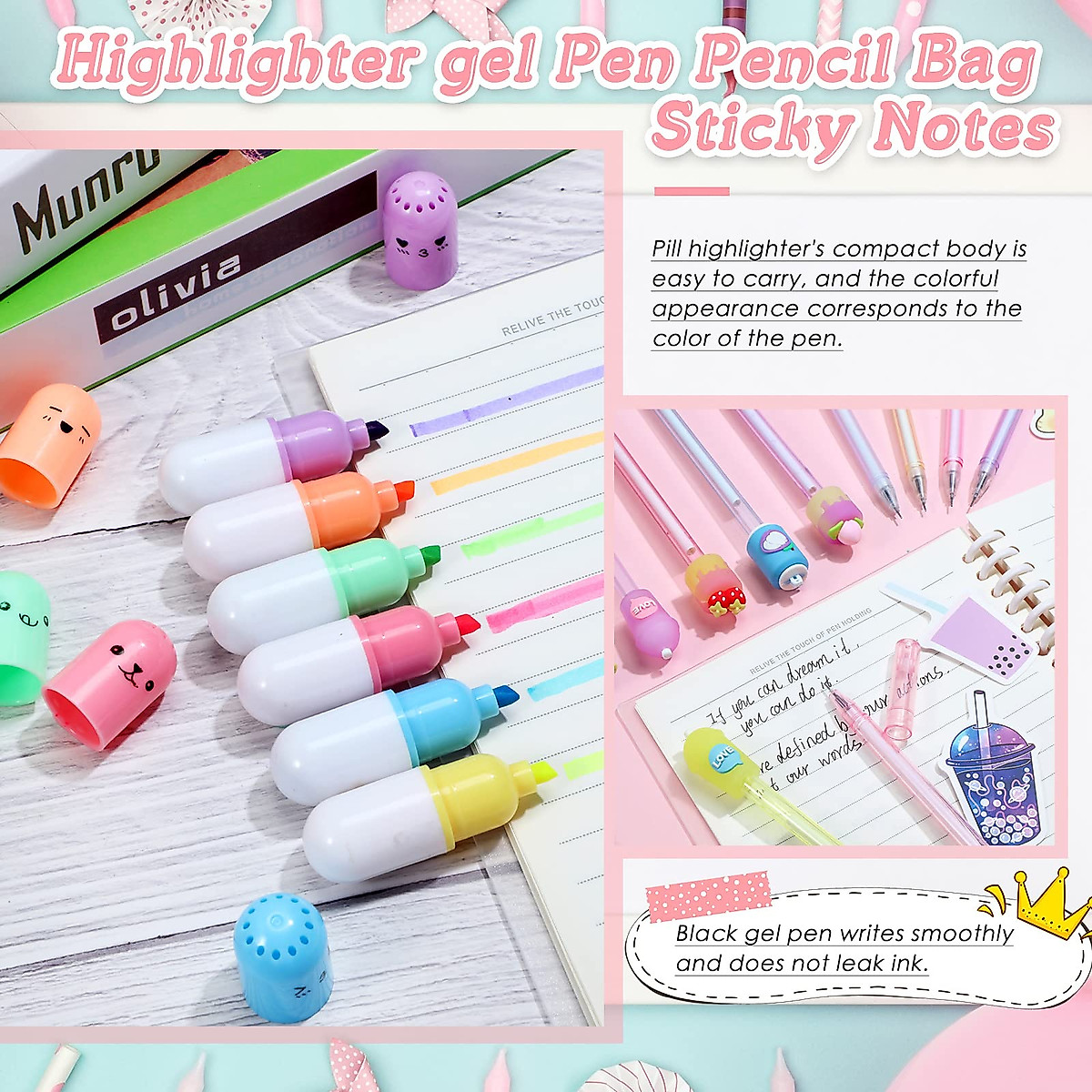 228 Pcs Kawaii Stationary Set Include Telescopic Boba Pencil Pouch Case Bag Gel Ink Pen Sticky Note Bubble Tea Sticker Pill Highlighter Stationary Cute School Supplies for Christmas Gift Kids (Vivid)