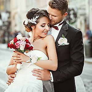 Whaline 4Pcs Wedding White Rose Boutonniere and Wristlet Set Handmade Artificial Rose Wrist Strap Corsage Silk Satin Wristband Groom Bride Boutonniere Pin for Groomsmen Wedding Prom Suit Decorations