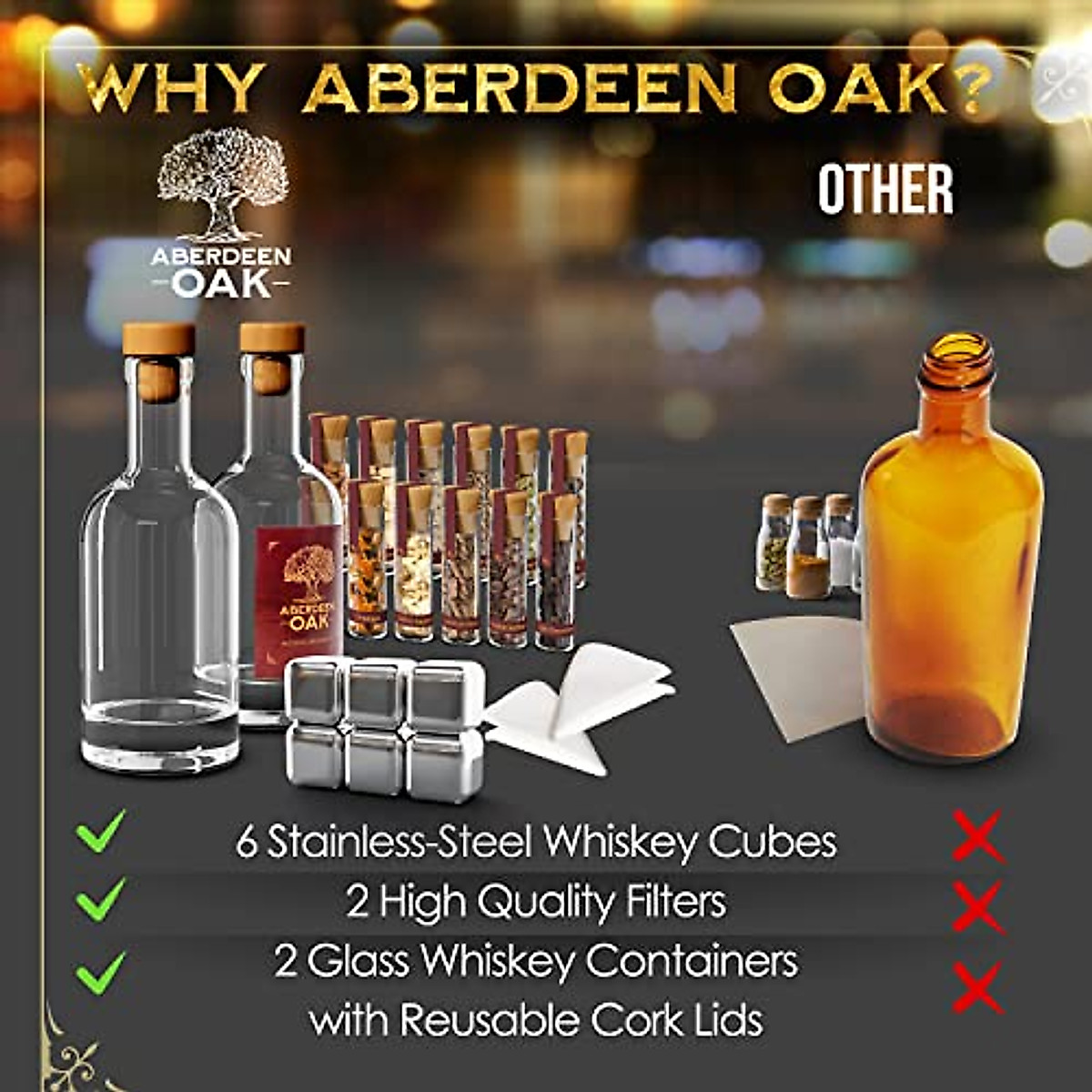 Whiskey Gifts for Men, Whiskey Making Kit - Whiskey Infusion Kit with Stainless Steel Ice Cubes, Wood Chips, Gifts for Him - Alcohol Infusion Kit - Husband Birthday Cocktail - Whiskey Gift Set for Men