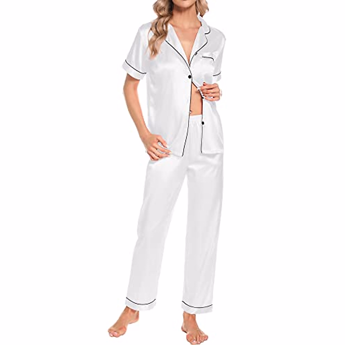 SWOMOG Satin Pajama Set Women Silk Pjs Set Short Sleeve 4 Piece Button Down Sleepwear Lounge Sets White