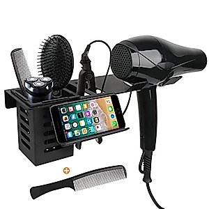 Blow Dryer and Straightener Holder, Yimerlen Hair Holder Wall Mounted Tools Organizer, Bathroom Ultifunctional Straighteners (with Mobile Phone Holder, Black)