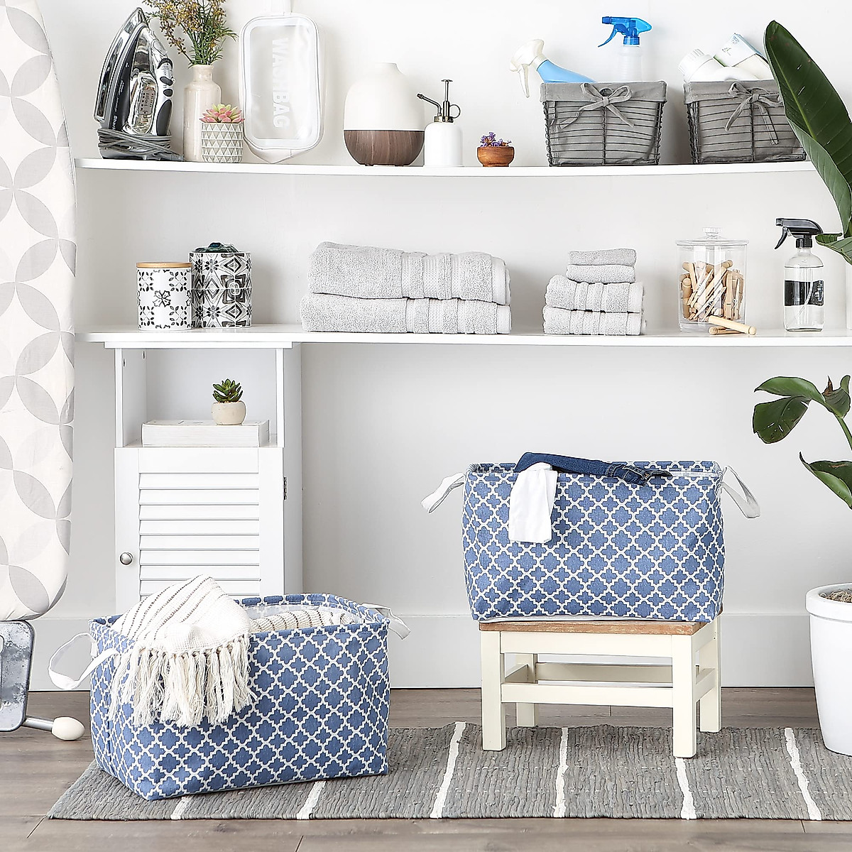 DII Laundry Storage Collection, PE Coated Collapsible Bin with Handles, French Blue Lattice, Extra-Large Set, 12.5x17.5x10.5"