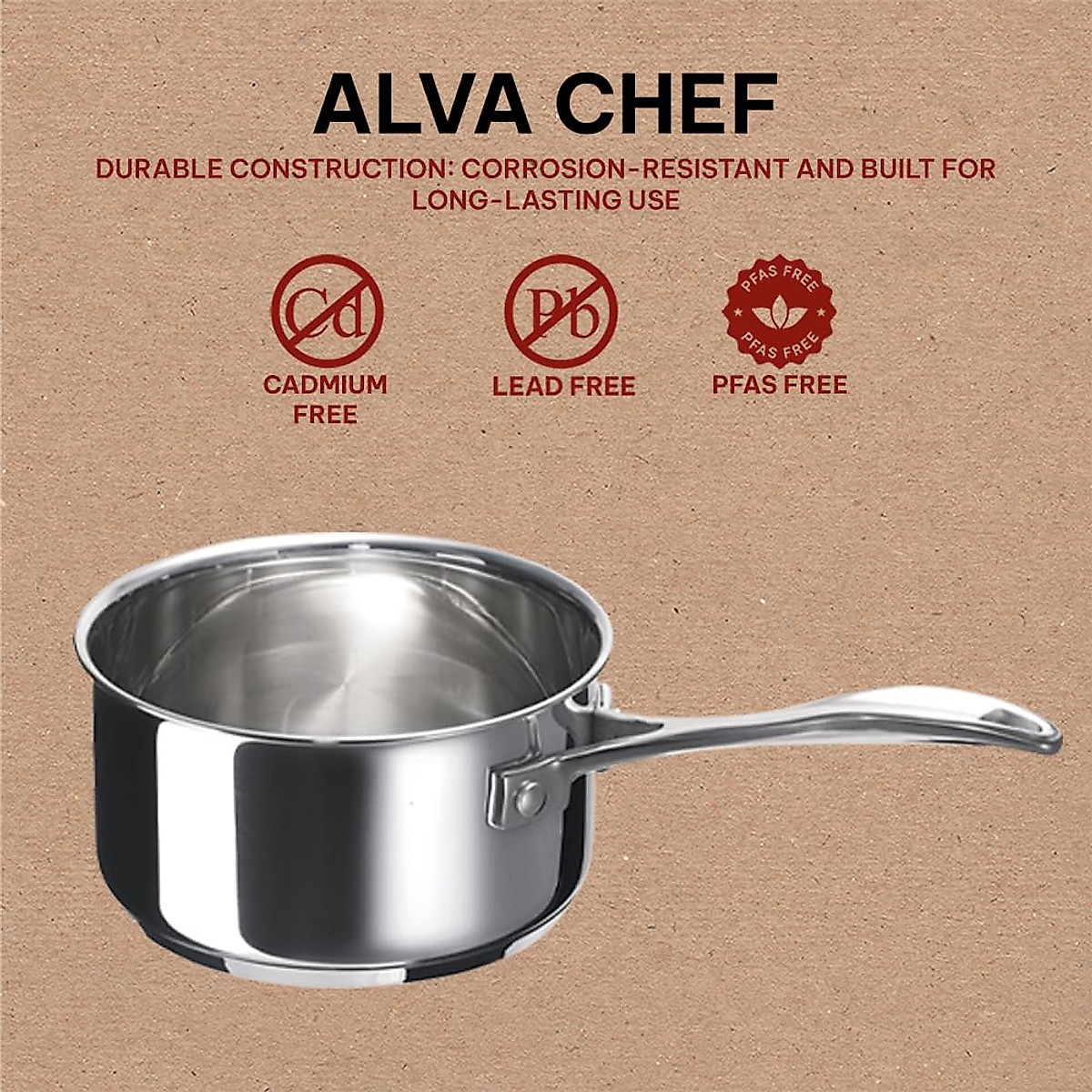 Alva Chef Stainless Steel Saucepan Non Toxic Cookware Induction Compatible 2 Qt PFAS, PFOA & PFTE Free, for Cooking Pan Set, Induction Safe, Add to Your Pots and Pans Set Cookware