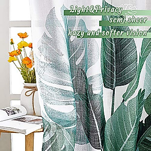 KGORGE Crossweave Sheer Curtains - Tropical Leaves Window Curtains for Bedroom Natural Pattern on White Sheer Backdrops for Dining Room Bathroom Sliding Door, W 50 x L 95 inch, 2 Pcs