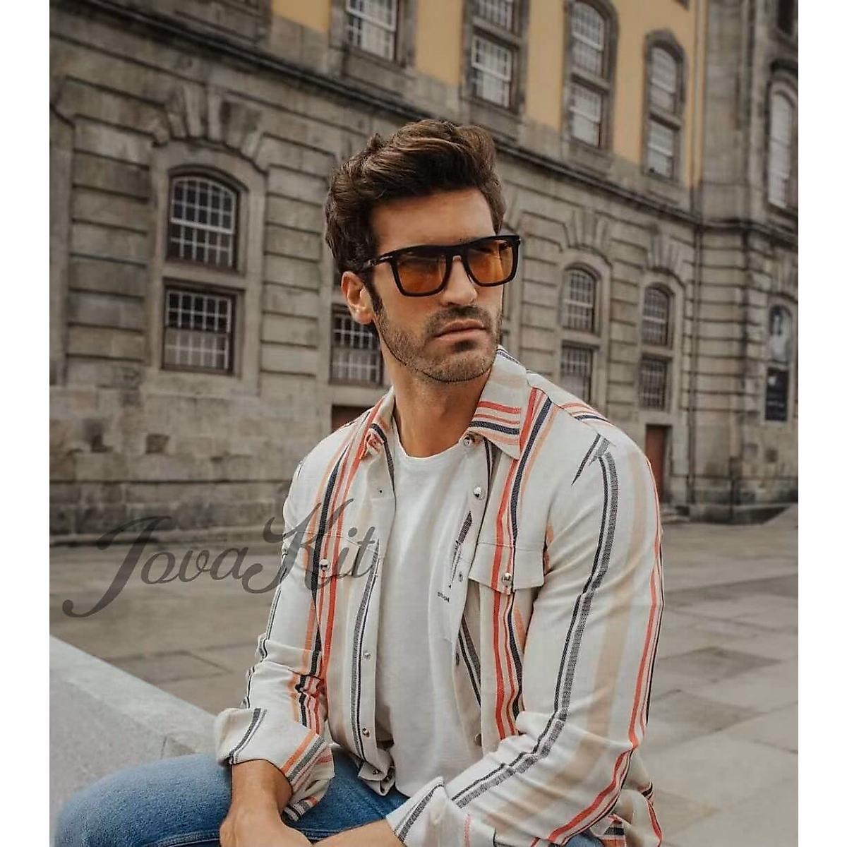 JOVAKIT Fashion Square Sunglasses for Men Women Trendy Flat Lens Sun Glasses Outdoor Sports Driving Sunnies UV400 Protection (Black/Orange)