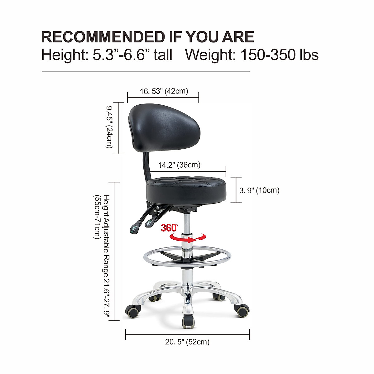 Grace & Grace Height Adjustable Rolling Swivel Tall Stool Chair with Back Support,Heavy Duty Stool with Wheels for Salon,Massage, Factory, Shop,Work (Black,with Back Support)