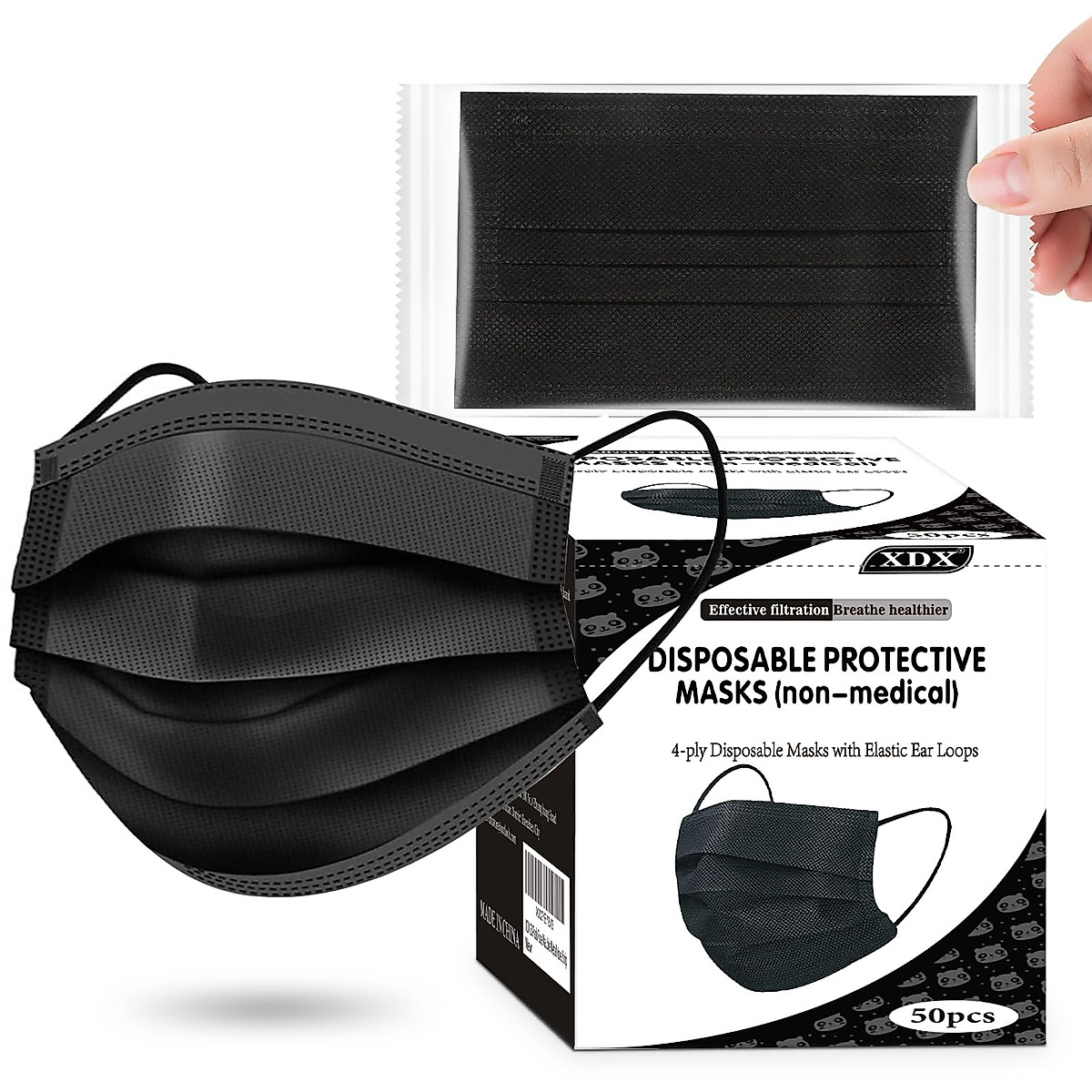 XDX Black Disposable Face Masks, 50 Pack- 4 Layer Individually Wrapped Masks for Women, Men, Unisex Adults, Breathable Black Masks for Adults