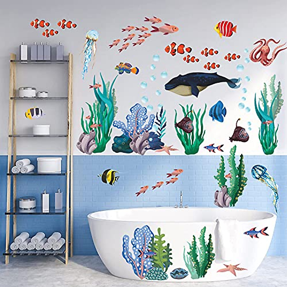 RW-1029 3D Removable Ocean Animals Wall Decals Under The Sea Animals Wall Stickers Fish Whale Seaweed Coral Decals DIY Marine Animals Sea View Wall Art Decor for Kids Baby Bedroom Living Room Nursery