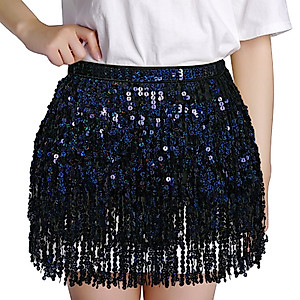 Belly Dance Hip Scarf Sequin Tassel Skirt Performance Outfits Sparkly Fringe Skirt Wrap Halloween Costume Party Rave Festival Clothing for Women and Girls, Black