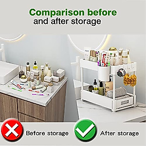 Under Sink Organizers and Storage 2 Pack, ZOMILB Bathroom Organizer 2-Tier Sliding Kitchen Cabinet Organization with Hook, Hanging Cup, Multi-purpose Under Sink Shelf Organizer for Home Storage, White