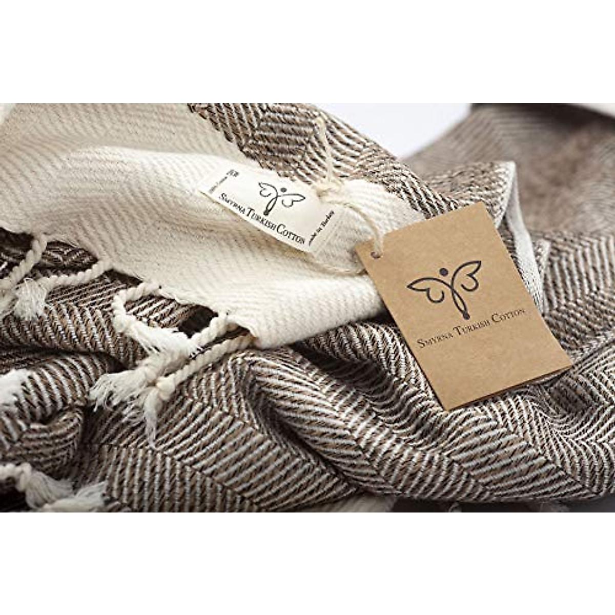 Smyrna Original Turkish Throw Blanket Herringbone Series | 100% Cotton, 50 x 60 Inches | Vintage Boho Throw Blankets for Couch, Sofa, Farmhouse and Home Decor | Lightweight and Super Soft (Latte)