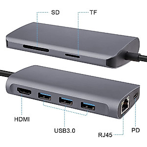 Convenient and Practical 8 in 1 Type-C to HDMI + USB 3.0 x 3 + RJ45 + PD + SD/TF Card Slot HUB Adapter