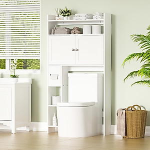 MU Over The Toilet Storage Cabinet with Doors, 32" Bathroom Storage Organizer with Side Shelves, Space-Saving Toilet Storage Rack for Bathroom, Laundry (White)