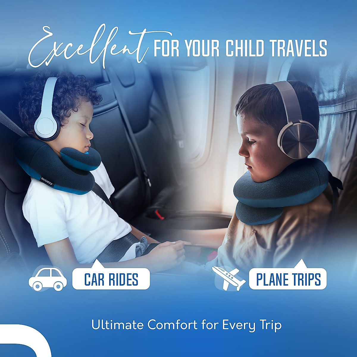 BCOZZY 8-12 Y/O Kids Travel Pillow for Car & Airplane, Soft Kids Neck Pillow for Traveling in Car Seat, Provides Double Support for Toddlers Head & Chin in Road Trips, Washable, Medium Size, Navy