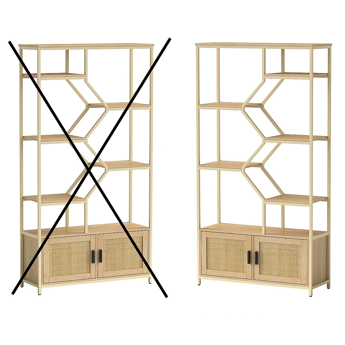 Rattan Bookshelf with 1 Natural Rattan Storage Cabinet and 7 Open Display Shelves, 7 Tier Bookshelf w/Adjustable Shleves & Foot Pad for Living Room, Bedroom, Office, Metal Shelves, Natural