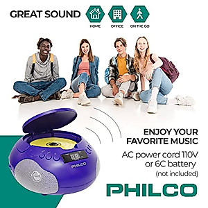 Philco Portable CD Player Boombox with Speakers and AM FM Radio | Purple Boom Box CD Player Compatible with CD-R/CD-RW and Audio CD | 3.5mm Aux Input | Stereo Sound | LED Display | AC/Battery Powered