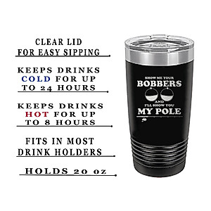 Rogue River Tactical Large Funny Fishing 20 Ounce Travel Tumbler Mug Cup w/Lid Bobbers and Pole Joke Fishing Gift Fish Black