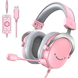 FIFINE USB Gaming Headset, PC Over-Ear Wired Streaming Headset with 3.5mm Jack, Detachable Microphone, 7.1 Surround Sound, Control Box, Passive Noise Cancellation, for PS5/Xbox/Switch-H9 Pink