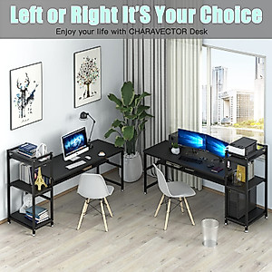 CharaVector Tower Computer Desk 60 inch with 4 Tier Storage Shelves ，Modern Writing Desk with Bookshelf PC Desk Study Writing Table for Home Office，Black