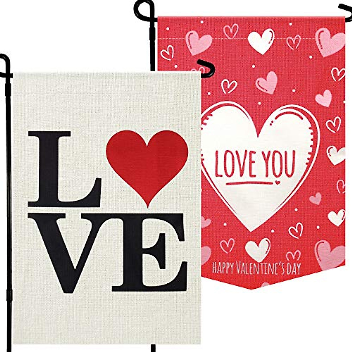 2 Pieces Valentine Flag, Love Happy Valentines Day Flag, 12.5 x 18.5 Inch Valentine's Heart Garden Flag, Double Sided Printing 2 Layer Burlap Flags for Valentine's Day Home Garden Yard Decoration Gift