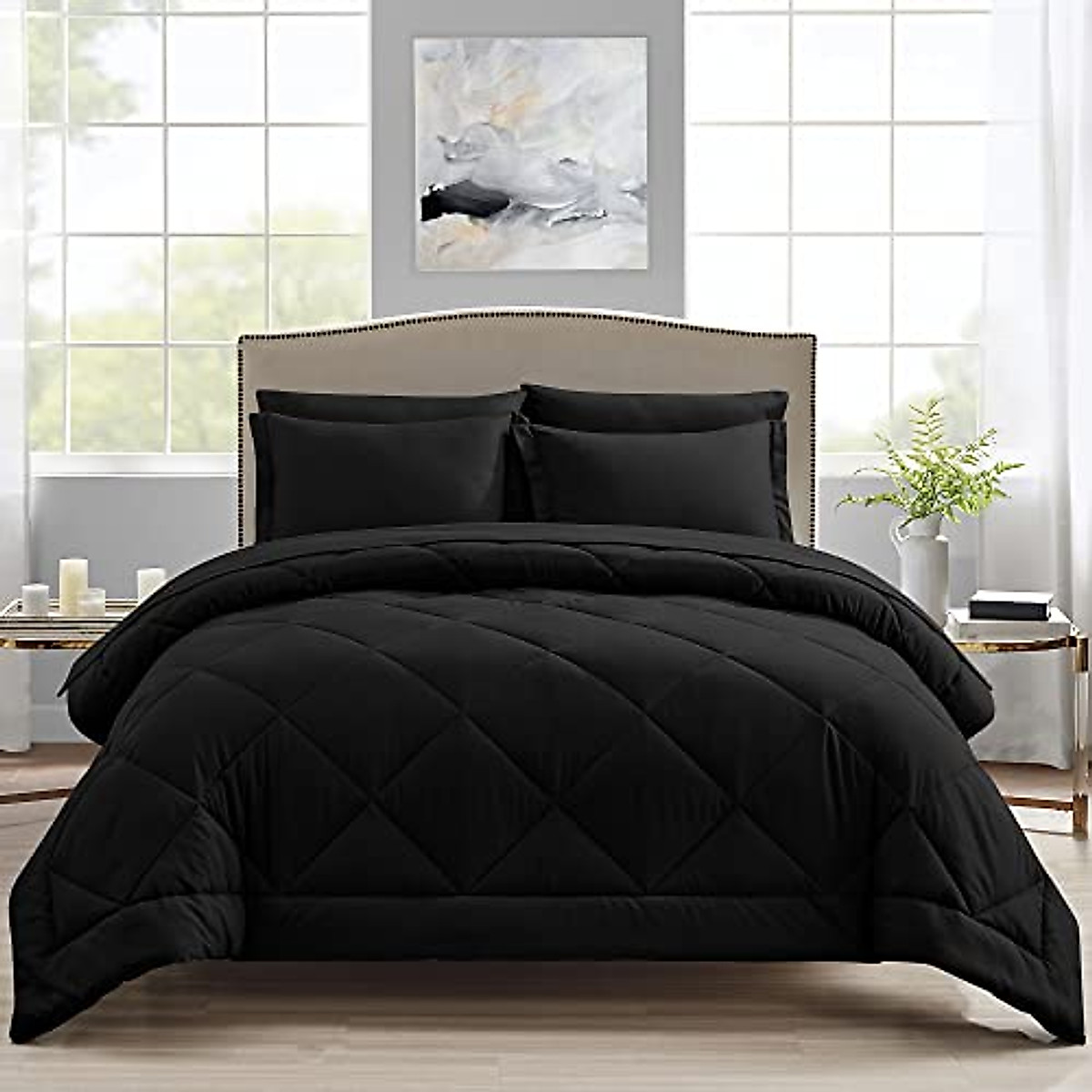 Love's cabin Full/Queen Comforter Set Black, 7 Pieces Queen Bed in a Bag, All Season Full/Queen Bedding Sets with 1 Comforter, 1 Flat Sheet, 1 Fitted Sheet, 2 Pillowcase and 2 Pillow Sham