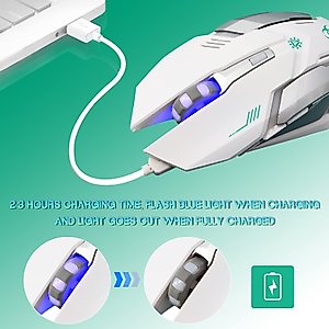 VEGCOO White Wireless Gaming Mouse, Silent Click Wireless Mouse with 3 Level DPI, Rechargeable Computer Mice with Colorful RGB LED Lights and Side Buttons for Laptop and Desktop