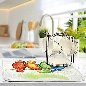 Watercolour Parrot Bird Tree Dish Drying Mat 24"x18" Absorbent Machine Washable Hanging Fast Dry Pad Dish Protective Mat for Kitchen Countertop Heat Resistant Dinner Table Mat